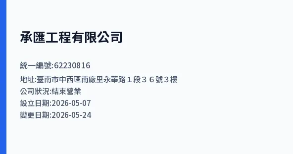 承匯工程有限公司的照片-統編 62230816(臺南市) 公司登記資料與營業項目詳細圖表