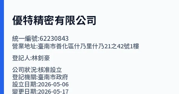 優特精密有限公司的照片-統編 62230843(臺南市) 公司登記資料與營業項目詳細圖表