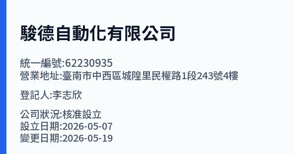 駿德自動化有限公司的照片-統編 62230935(臺南市) 公司登記資料與營業項目詳細圖表