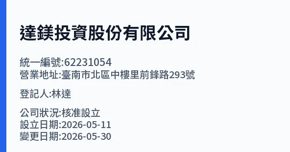 達鎂投資股份有限公司的照片-統編 62231054(臺南市) 公司登記資料與營業項目詳細圖表
