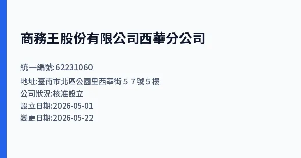 商務王股份有限公司西華分公司的照片-統編 62231060(臺南市) 公司登記資料與營業項目詳細圖表