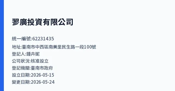 翏廣投資有限公司的照片-統編 62231435(臺南市) 公司登記資料與營業項目詳細圖表