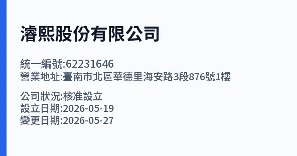 濬熙股份有限公司的照片-統編 62231646(臺南市) 公司登記資料與營業項目詳細圖表
