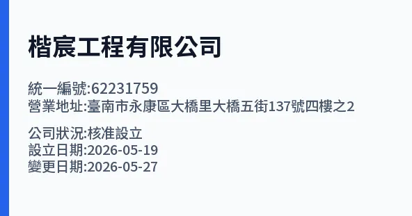 楷宸工程有限公司的照片-統編 62231759(臺南市) 公司登記資料與營業項目詳細圖表