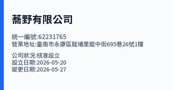 蕎野有限公司的照片-統編 62231765(臺南市) 公司登記資料與營業項目詳細圖表