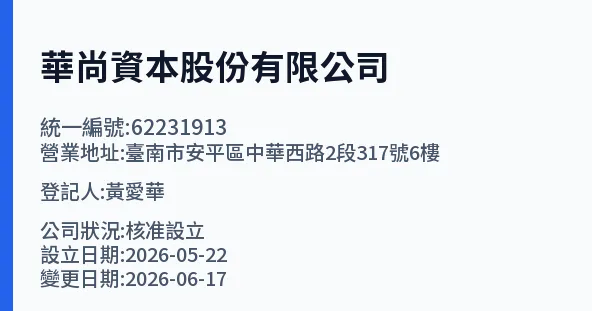 華尚資本股份有限公司的照片-統編 62231913(臺南市) 公司登記資料與營業項目詳細圖表