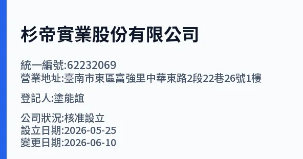 杉帝實業股份有限公司的照片-統編 62232069(臺南市) 公司登記資料與營業項目詳細圖表