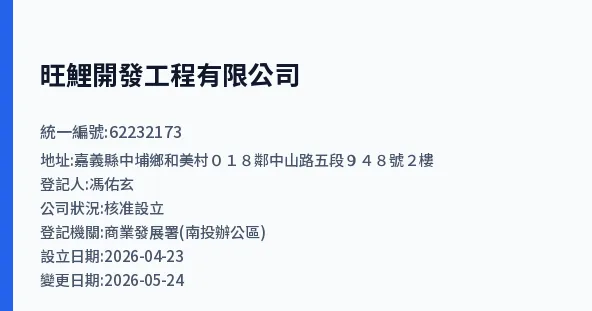 旺鯉開發工程有限公司的照片-統編 62232173(嘉義縣) 公司登記資料與營業項目詳細圖表