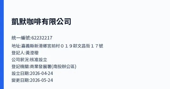 凱默咖啡有限公司的照片-統編 62232217(嘉義縣) 公司登記資料與營業項目詳細圖表