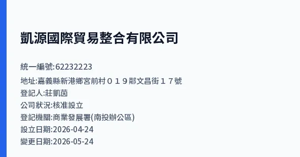 凱源國際貿易整合有限公司的照片-統編 62232223(嘉義縣) 公司登記資料與營業項目詳細圖表