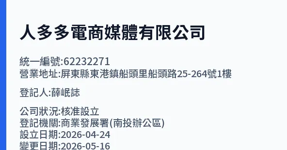 人多多電商媒體有限公司的照片-統編 62232271(屏東縣) 公司登記資料與營業項目詳細圖表