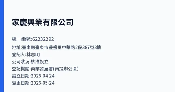 家慶興業有限公司的照片-統編 62232292(臺東縣) 公司登記資料與營業項目詳細圖表