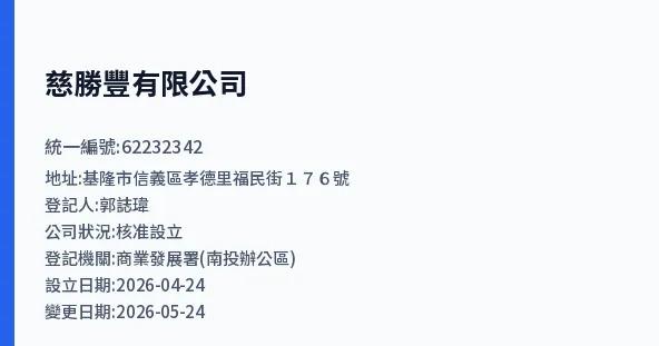 慈勝豐有限公司的照片-統編 62232342(基隆市) 公司登記資料與營業項目詳細圖表