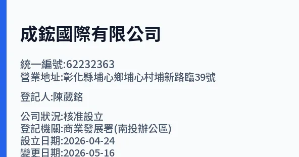 成鋐國際有限公司的照片-統編 62232363(彰化縣) 公司登記資料與營業項目詳細圖表