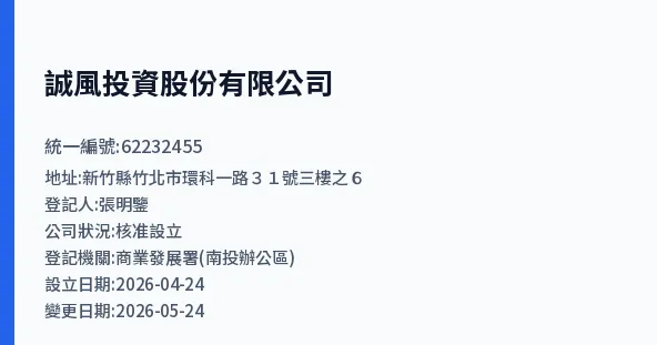 誠風投資股份有限公司的照片-統編 62232455(新竹縣) 公司登記資料與營業項目詳細圖表