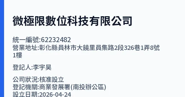 微極限數位科技有限公司的照片-統編 62232482(彰化縣) 公司登記資料與營業項目詳細圖表