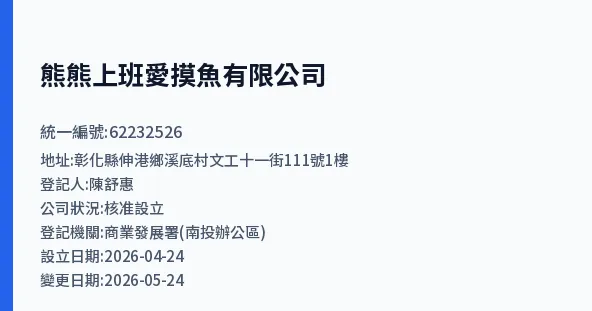 熊熊上班愛摸魚有限公司的照片-統編 62232526(彰化縣) 公司登記資料與營業項目詳細圖表