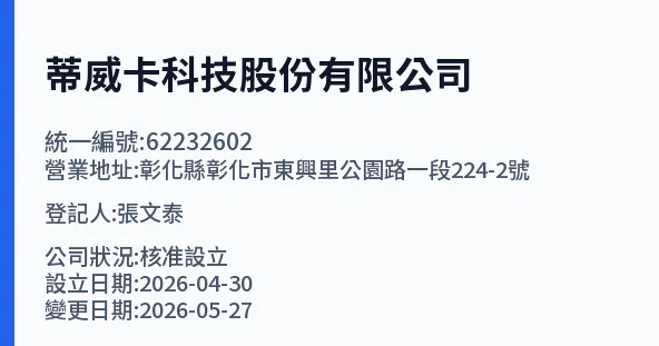 蒂威卡科技股份有限公司的照片-統編 62232602(彰化縣) 公司登記資料與營業項目詳細圖表