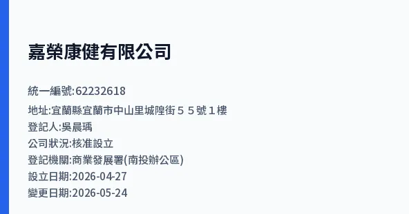嘉榮康健有限公司的照片-統編 62232618(宜蘭縣) 公司登記資料與營業項目詳細圖表