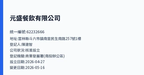 元盛餐飲有限公司的照片-統編 62232666(雲林縣) 公司登記資料與營業項目詳細圖表