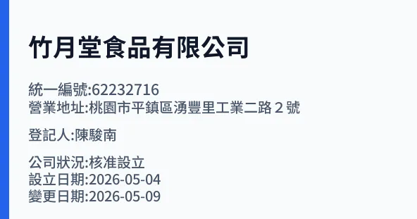 竹月堂食品有限公司的照片-統編 62232716(桃園市) 公司登記資料與營業項目詳細圖表