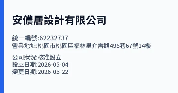 安儂居設計有限公司的照片-統編 62232737(桃園市) 公司登記資料與營業項目詳細圖表