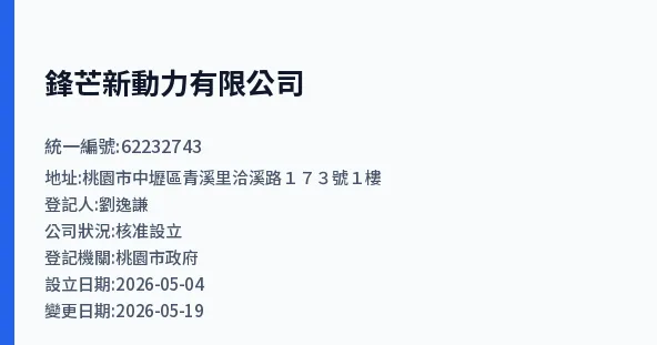 鋒芒新動力有限公司的照片-統編 62232743(桃園市) 公司登記資料與營業項目詳細圖表