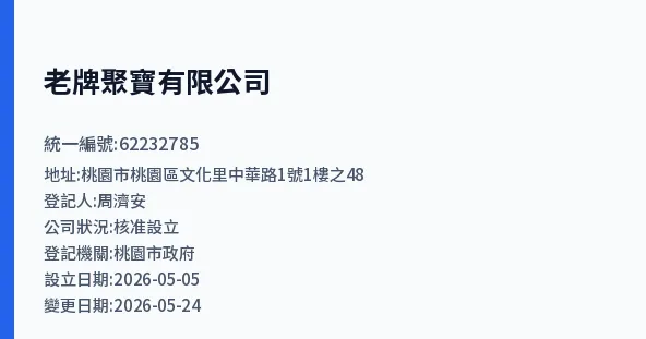 老牌聚寶有限公司的照片-統編 62232785(桃園市) 公司登記資料與營業項目詳細圖表