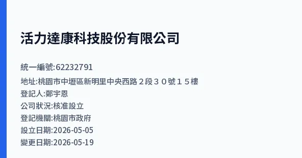 活力達康科技股份有限公司的照片-統編 62232791(桃園市) 公司登記資料與營業項目詳細圖表