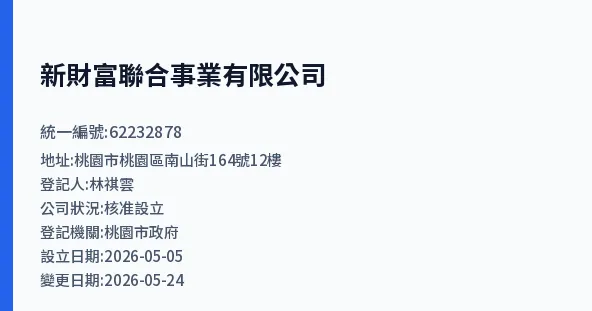 新財富聯合事業有限公司的照片-統編 62232878(桃園市) 公司登記資料與營業項目詳細圖表