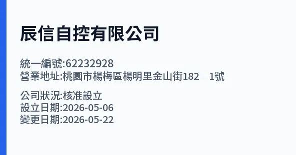 辰信自控有限公司的照片-統編 62232928(桃園市) 公司登記資料與營業項目詳細圖表