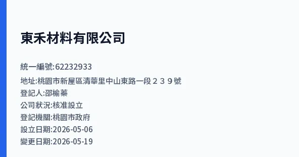東禾材料有限公司的照片-統編 62232933(桃園市) 公司登記資料與營業項目詳細圖表