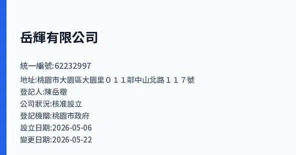 岳輝有限公司的照片-統編 62232997(桃園市) 公司登記資料與營業項目詳細圖表