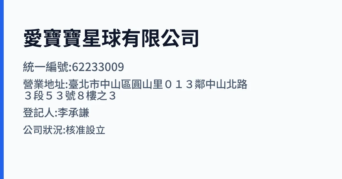 愛寶寶星球有限公司 - 統編 62233009 (臺北市) 公司登記資料與營業項目詳細圖表