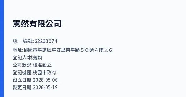 憲然有限公司的照片-統編 62233074(桃園市) 公司登記資料與營業項目詳細圖表