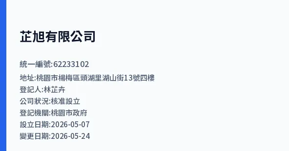 芷旭有限公司的照片-統編 62233102(桃園市) 公司登記資料與營業項目詳細圖表