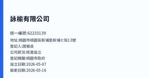 詠榆有限公司的照片-統編 62233139(桃園市) 公司登記資料與營業項目詳細圖表