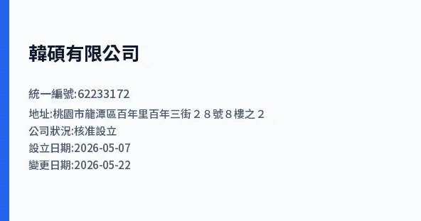 韓碩有限公司的照片-統編 62233172(桃園市) 公司登記資料與營業項目詳細圖表