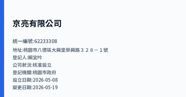 京亮有限公司的照片-統編 62233308(桃園市) 公司登記資料與營業項目詳細圖表