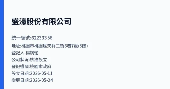 盛濠股份有限公司的照片-統編 62233356(桃園市) 公司登記資料與營業項目詳細圖表