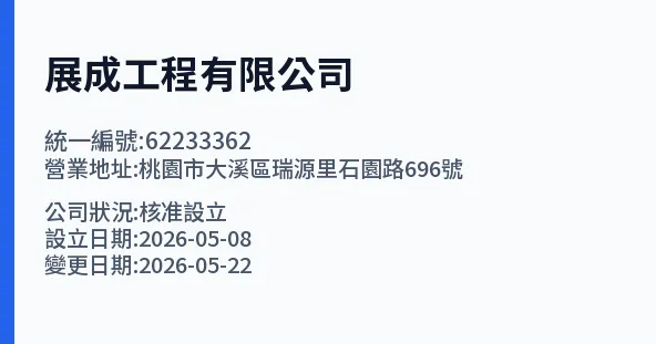 展成工程有限公司的照片-統編 62233362(桃園市) 公司登記資料與營業項目詳細圖表