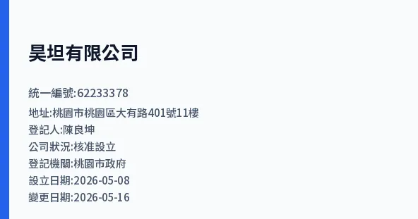 昊坦有限公司的照片-統編 62233378(桃園市) 公司登記資料與營業項目詳細圖表
