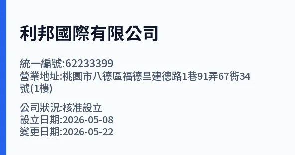 利邦國際有限公司的照片-統編 62233399(桃園市) 公司登記資料與營業項目詳細圖表