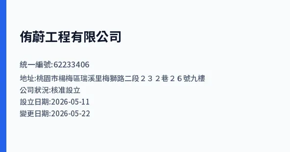 侑蔚工程有限公司的照片-統編 62233406(桃園市) 公司登記資料與營業項目詳細圖表