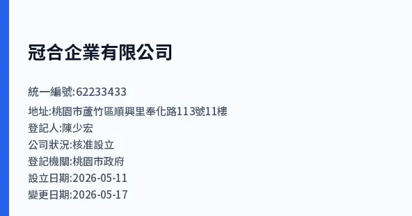冠合企業有限公司的照片-統編 62233433(桃園市) 公司登記資料與營業項目詳細圖表