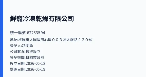 鮮寵冷凍乾燥有限公司的照片-統編 62233594(桃園市) 公司登記資料與營業項目詳細圖表