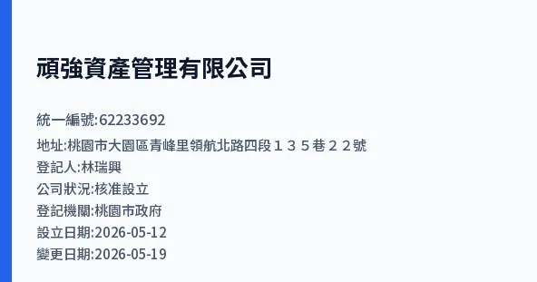 頑強資產管理有限公司的照片-統編 62233692(桃園市) 公司登記資料與營業項目詳細圖表