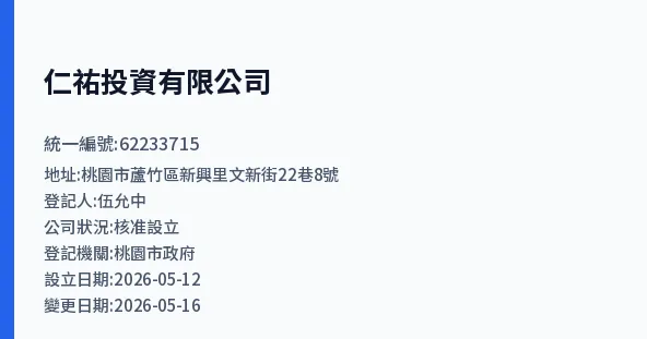 仁祐投資有限公司的照片-統編 62233715(桃園市) 公司登記資料與營業項目詳細圖表
