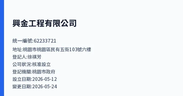 興金工程有限公司的照片-統編 62233721(桃園市) 公司登記資料與營業項目詳細圖表