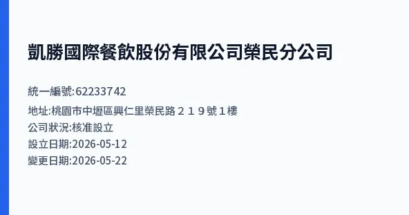 凱勝國際餐飲股份有限公司榮民分公司的照片-統編 62233742(桃園市) 公司登記資料與營業項目詳細圖表